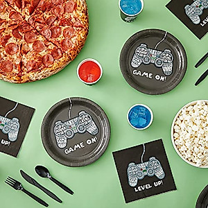144 Piece Video Game Birthday Party Supplies, Serves 24 Guests, Disposable Dinnerware Set, Video Gamer Plates, Napkins, Cups, Cutlery, for Boys Gaming Party Decorations