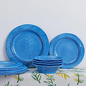 LEHAHA Melamine Dinnerware Sets, Dishes Sets for 4, 12 Piece Plates and Bowls Sets, Unbreakable BPA Free Reactive Blue Ceramic Design Plates Set for Indoor and Outdoor Use, Dishwasher Safe
