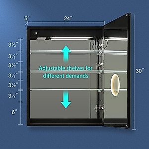 FRALIMK LED Medicine Cabinet with Vanity Mirror Lights, 24x30 inch Bathroom Wall with Defogger, Date/Time, Room Temp Display, 3X Makeup Mirror, Outlet, Recessed or Surface,Right Hinge
