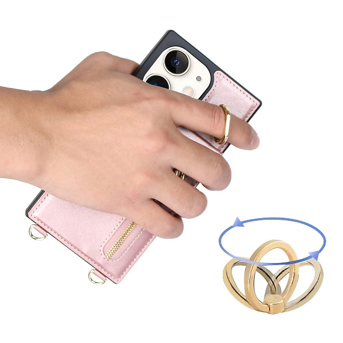 Jaorty iPhone 12 Mini Case with Card Holder for Women,Crossbody Wallet Case for iPhone 12 Mini with Strap,[Ring Holder Kickstand] Lanyard Leather PU Magnetic Clasp Zipper Purse,5.4" Pink