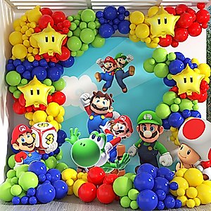 Mari Balloon Arch Kit Include Latex Balloons, Foil Star Balloons for Kids Mari Birthday Party Decoration Supplies Super Bros Baby Shower Party Decorations