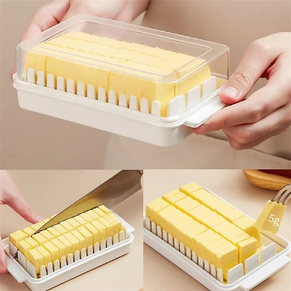 Quantitative Cutting Butter Dish, Plastic Butter Dish With Dividable Lid, Butter Airtight Preservation Container Box,Keeper Container for Freezer Countertop Butter Storage and Accurate Cutting (White)