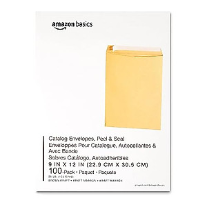 Amazon Basics Catalog Mailing Envelopes, Peel & Seal, 9x12 Inch, Brown Kraft, 100-Pack