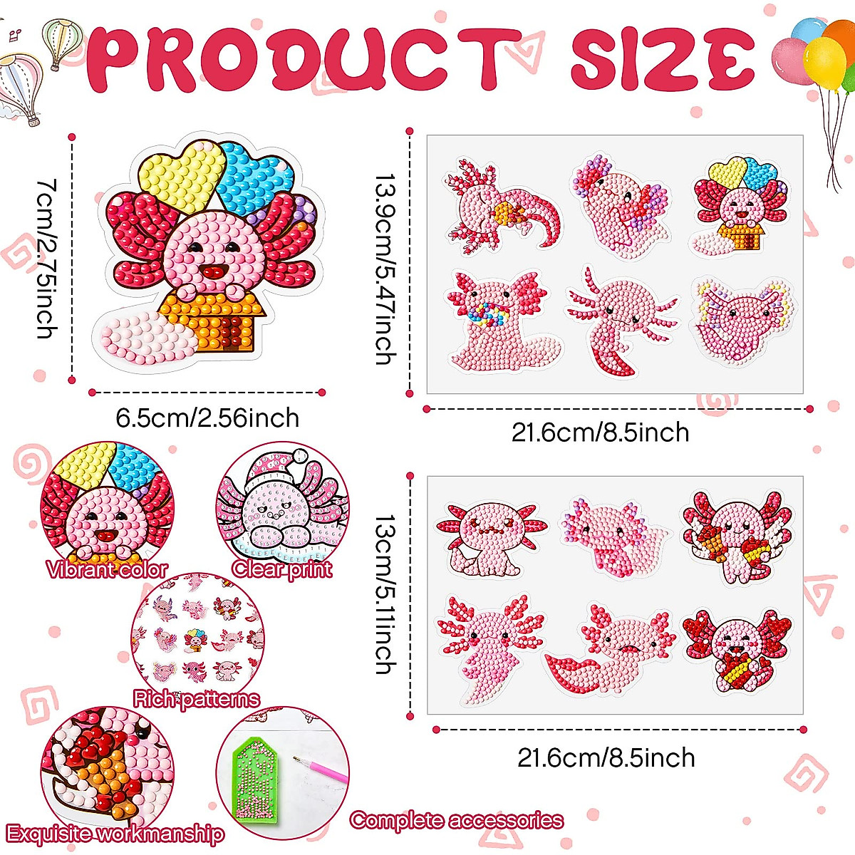 24 Pcs Axolotl 5d DIY Diamond Painting Sticker Creative Diamond Sticker Kids Diamond Painting Kits Resin Rhinestone Gem Art Kits for Kids Adult Activity New Year Party Gifts