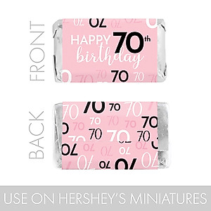 DISTINCTIVS Pink, Black, and White 70th Birthday Party Mini Candy Bar Wrappers - 45 Count, 70th Birthday Decorations for Women