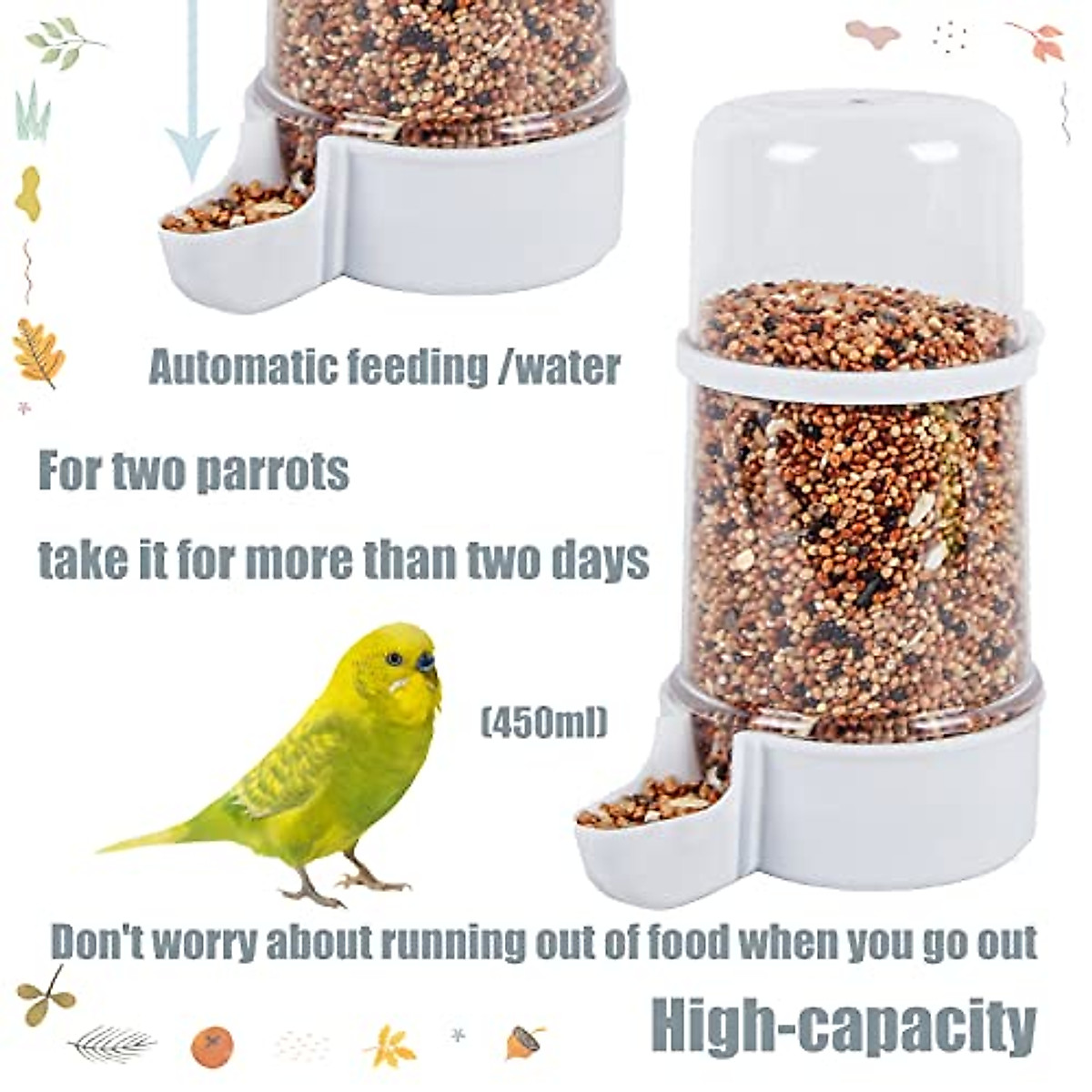 Parakeet Water Dispenser No Mess Parrot Food Seed Dispenser Bird Automatic Waterer Feeder Container Cockatiel Cage Accessories for Parrot Finch Budgie Lovebirds Canaries 2PCS（450ml）