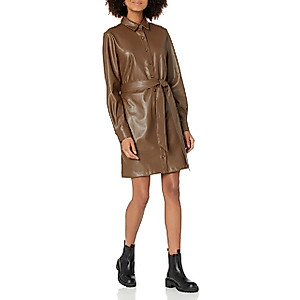 The Drop Women's Sam Vegan Leather Shirtdress, Coffee Bean, L