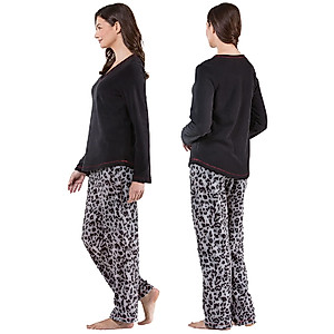 PajamaGram Fleece Womens Pajamas - Winter Pajamas For Women Set Long Sleeve, Pullover Top Pajama Sets for Women 2 piece - Straight Leg Loungewear or Jammies for Woman, Black Leopard, Petite, MD