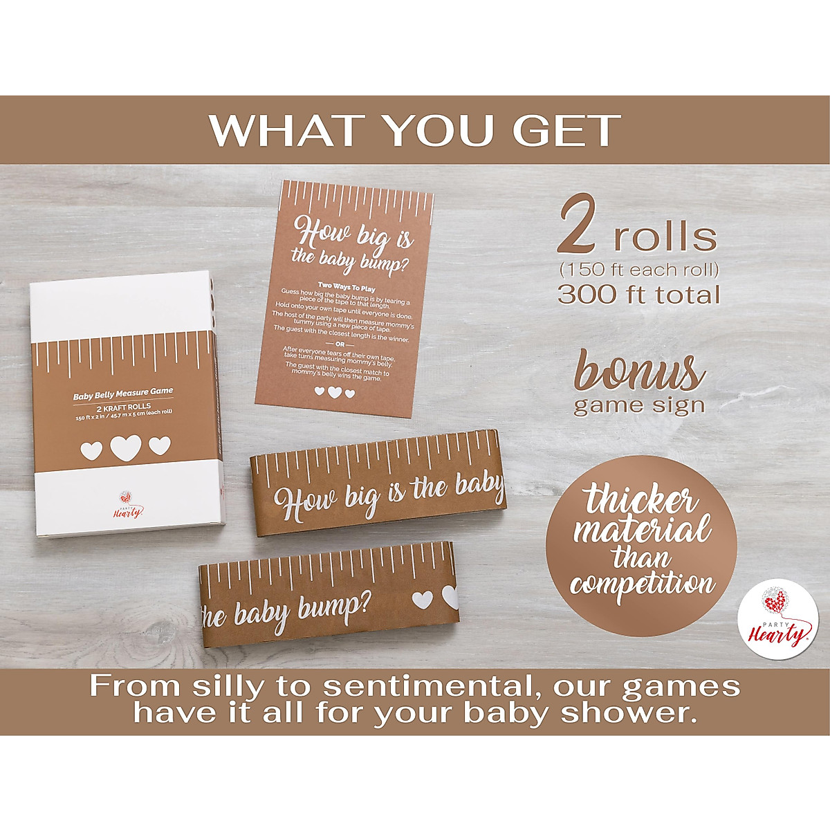 Party Hearty Funny Baby Shower Games for Girl or Boy Activities, 2 Rolls, 2 inches x 150 feet, Kraft Tummy Measure, Fun & Easy Idea