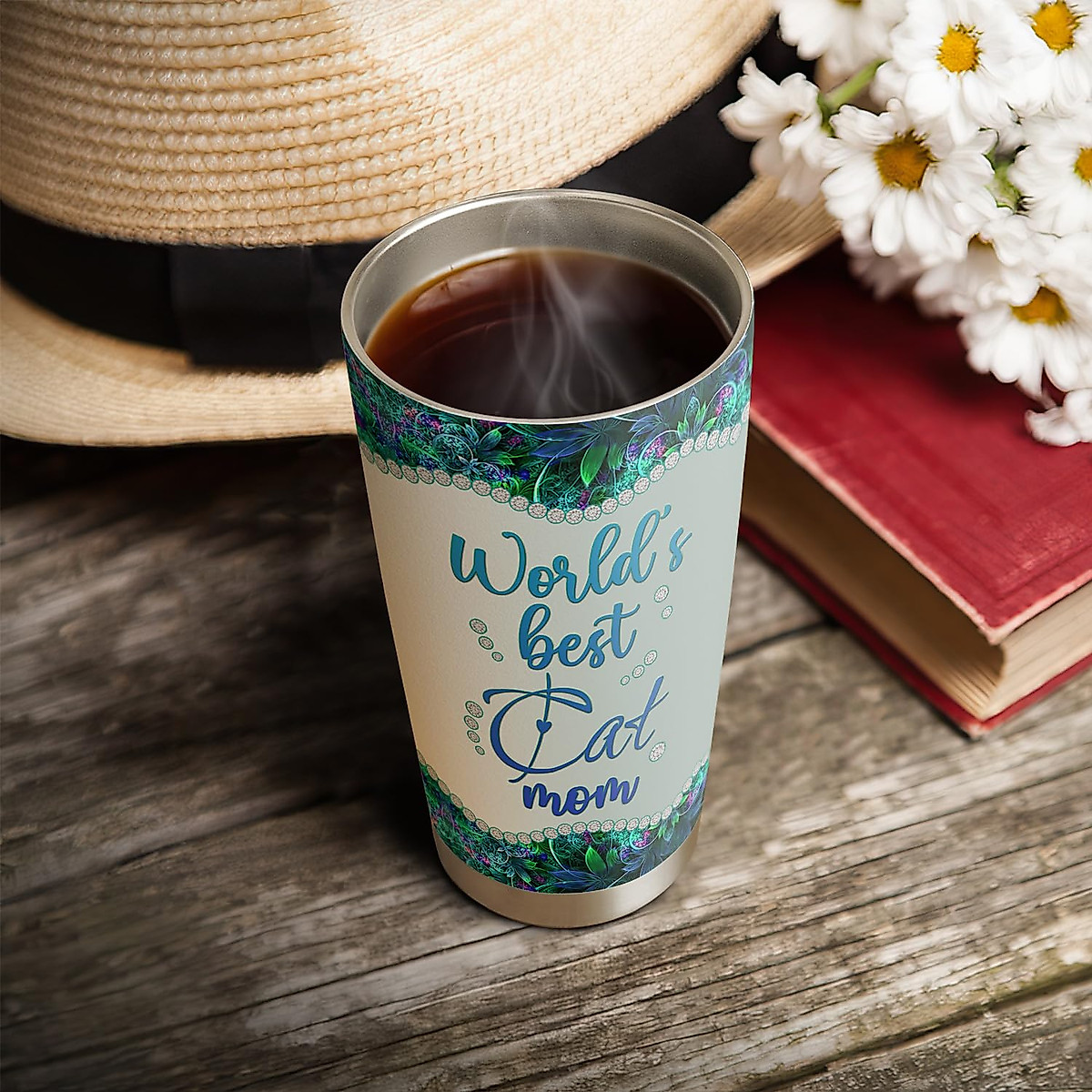 20oz Green Jade Jewelry Cat Mom Tumbler, World's Best Cat Mom Gifts for Cats Lovers, Coffee Thermos for Women, Stainless Steel Double Wall Vacuum Insulated Coffee Mug, Travel Cup with Lid