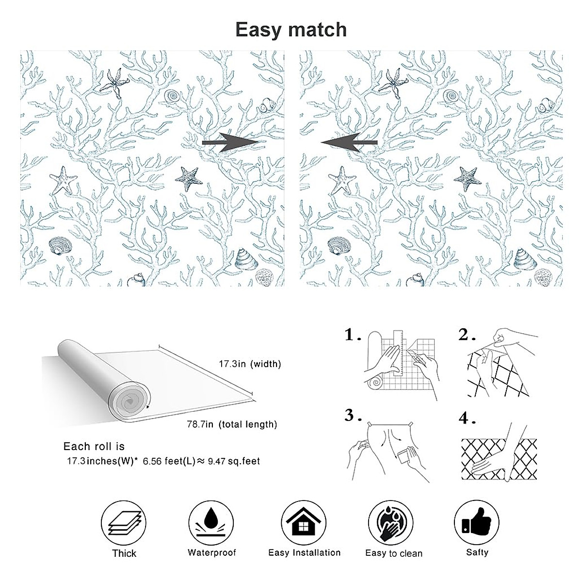 Akywall Ocean Wallpaper Peel and Stick White and Blue Contact Paper Textured Sea Coral Starfish Shells Self Adhesive Vinyl Roll Stick on Wallcovering Cute for Home Decor 78.7in