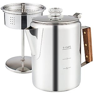 APOXCON Multi Use Coffee Percolator Using On Indoor Induction Cooktop, Electric Stove, Outdoor Campfire Stovetop, Camping Coffee Pot with Glass Knob Top 9 Cup