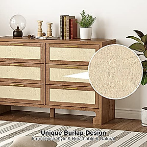 IDEALHOUSE Dresser for Bedroom with 6 Drawers, Burlap Design Wood Drawer Dresser Chest of Drawers for Closet, Living Room, Hallway, Nursery, Kids Bedroom, Caramel