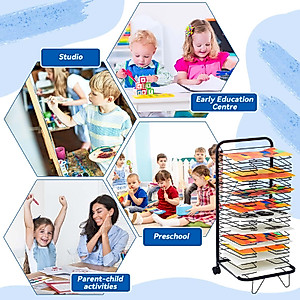 Qilery 2 Pack Art Drying Rack 25 Removable Shelves Mobile Paint Drying Rack Classroom Mobile Art Storage Rack with Wheels for Perschool Artwork Studios,15.7 D x 15.7 W x 35.4 H(Black)
