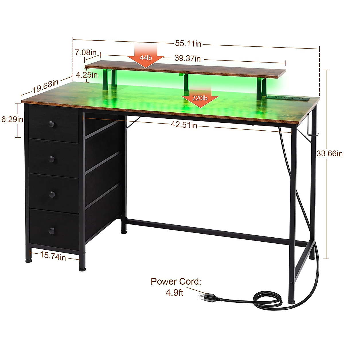 LOAKEKEL 55 Inch Desk with Drawers, Gaming Desk with LED Light & Power Outlets, Computer Desk with Monitor Stand, Writing Desk with Headphone Hook for Home Office, Bedroom, Brown, HGD14BR