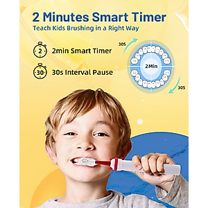 JTF Kids Electric Toothbrush-for Ages 3-12, Rechargeable Electric Toothbrushes, Wireless Fast Charge & Long Battery Lasting for 60 Days,with Smart Timer 3 Modes & 2 Kids Size Brush Heads, Red…