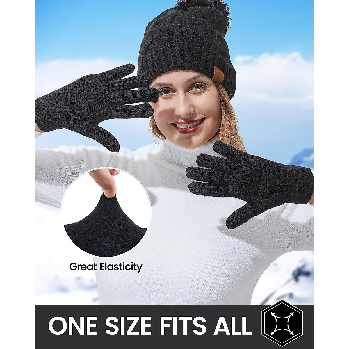 REACH STAR Winter gloves for women, 3-Finger Touch screen Dual-Layer Cashmere Elastic Thermal knit Lining, Warm Gloves for Cold weather,Running,Driving(Black)