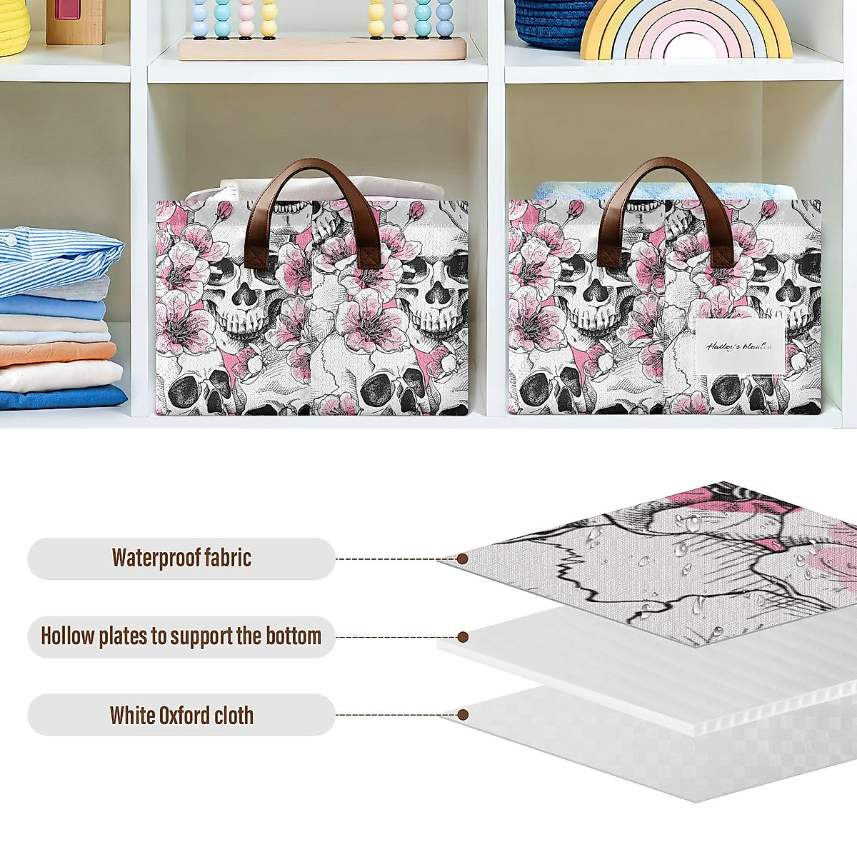 SLHKPNS Collapsible Storage Bins with Handles Pink Skull Storage Baskets for Shelves and Closet with Metal Frame Organizer Bins for Clothing,1PC,16.9"x11.4"x7.7", Spring Flowers