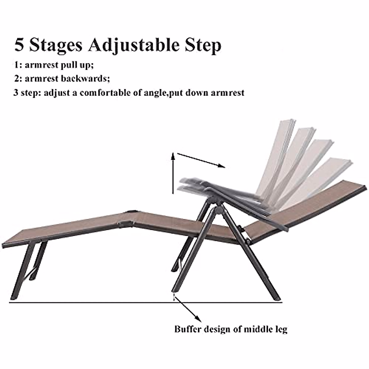 MFSTUDIO 2 Piece 5 Stages Adjustable Folding Lounge Deck Chair,Outdoor Patio Metal Beach Yard Pool Recliner Chaise - Brown