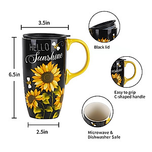 Topadorn Sunflower Ceramic Mug Coffee Cup with Lid and Matching Gift Box Latte Mug,17oz.Hello, Sunshine