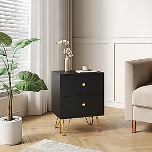 Tradare Black Nightstand Set of 2, Black and Gold Night Stand with 2 Drawers, Modern End Table with Metal Legs and Gold Handles, Bedside Table for Bedroom, Hallway