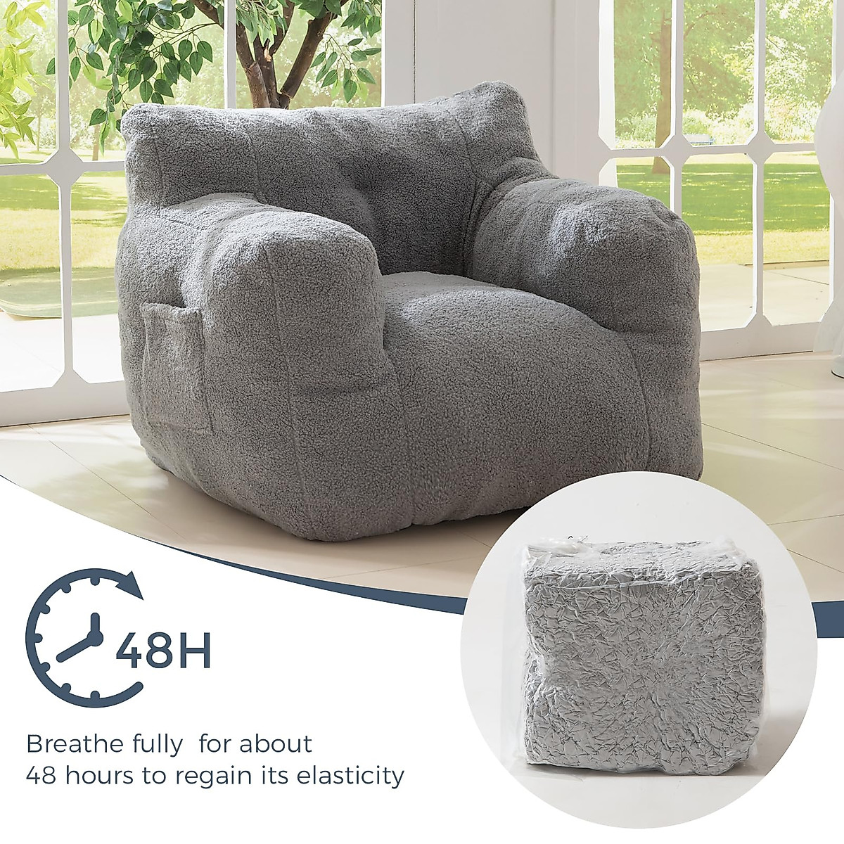 MAXYOYO Sherpa Bean Bag Chair, Boucle Tufted Bean Bag Couch, Living Room Bean Bag Chair for Adults Kids, Teddy Lazy Sofa Accent Chair with Pocket for Reading, Stuffed with Filler