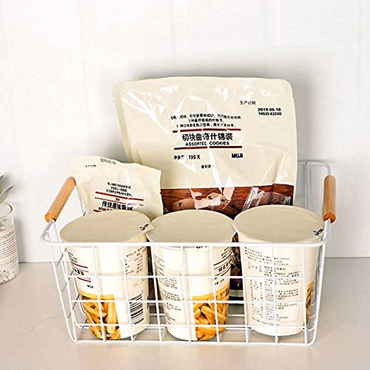 LeleCAT wire white baskets with Wooden Handles Storage Organizer Baskets, Household Refrigerator for Cabinets, Pantry, Closets, Bedrooms, kitchen - Set of 2（White）