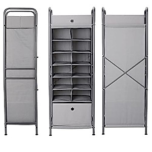 BIRDROCK HOME 12 Cubby Vertical Shoe Rack Organizer with Large Drawer - Grey - Free Standing Tower for Closet - Sturdy Metal Frame - Space Saver - Bedroom Organization