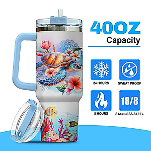 99OWL Tumbler 40 Oz With Handle Lid And Straw, Sea Turtle Hibiscus Floral Wisdom, Sea Turtle Gifts, Summer Light Insulated For Flower Beach Blue Tumblers Royal Myrtle Women