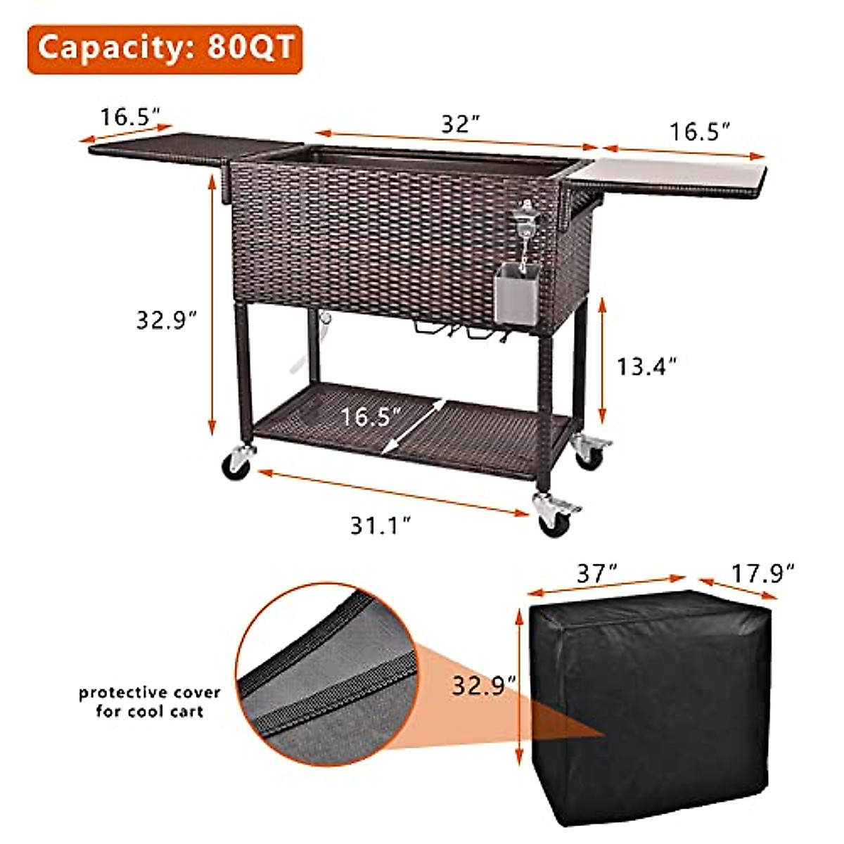 OKIDA Rolling Wicker Cooler Cart Outdoors, 80 Quart Ice Chest with Bottle Opener, Portable Beverage Bar for Patio Pool Party, Rattan Cooler Trolley with Stainless Cutting Board and Waterproof Cover