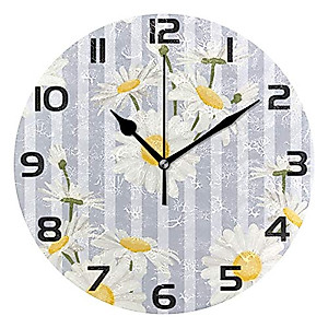 Oreayn Daisy Floral Stripe Wall Clock for Home Office Bedroom Living Room Decor Non Ticking White