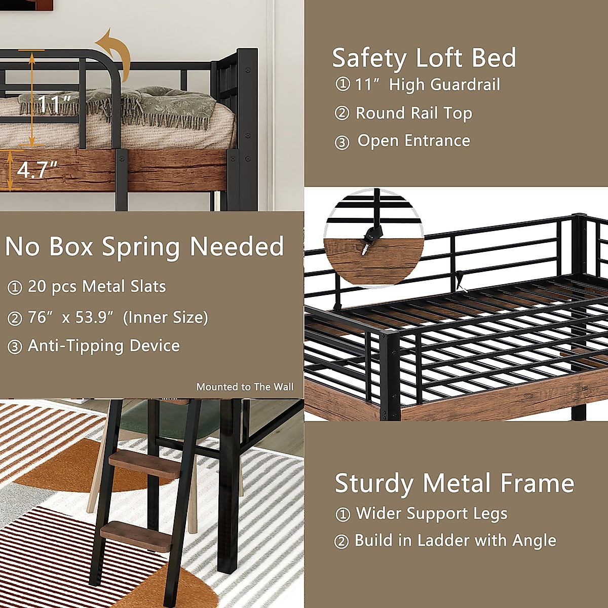 Full Size Loft Bed with Desk and Storage Shelf, Metal Loft Bed Full Size with Wider Ladder and Full Length Guardrail, Full Size Loft Bed for Kids, Teens, Full Size Loft Bed Black+Natural