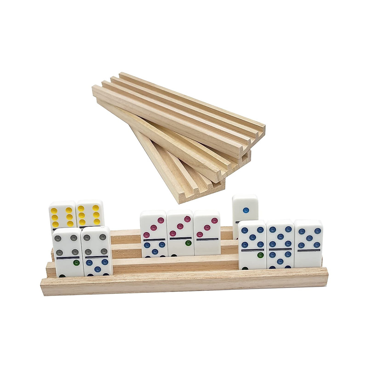 SUTIMSHE Wooden Domino Racks Set of 4 Natural Domino Trays Holders Organizer for Mexican Train Chickenfoot and Other Domino Games - Dominoes NOT Included