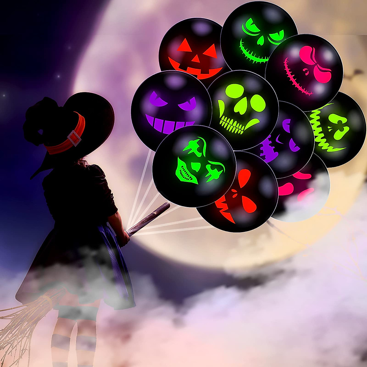 Halloween Balloons Decorations, 50 Pieces Halloween Neon Glow Ghost Balloons 12 Inch Black Light Reactive Fluorescent Latex Balloons Glow in the Dark Halloween Expression Balloons for Party Decoration