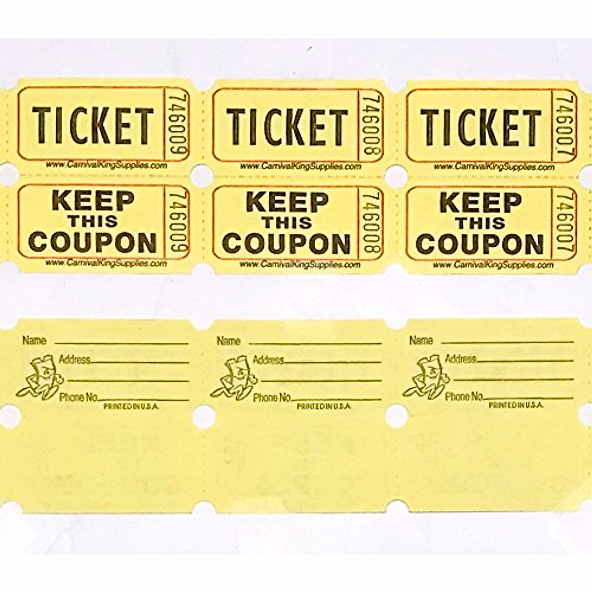100 Yellow Colored Raffle Tickets Double Roll 50/50 Carnival Fair Split The Pot One Hundred Consecutively Numbered Fundraiser Festival Event Party Door Prize Drawing Perforated Stubs