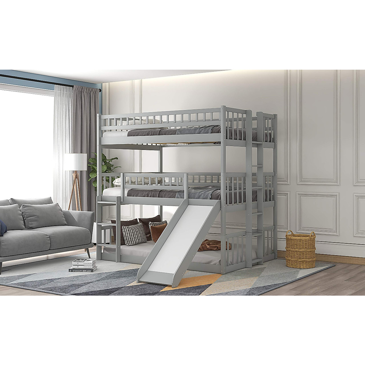 HABUHOME Full-Over-Full-Over-Full Bunk Bed with Built-in Ladder and Slide, Wooden Triple Bunk Bed with Guardrails,Gray