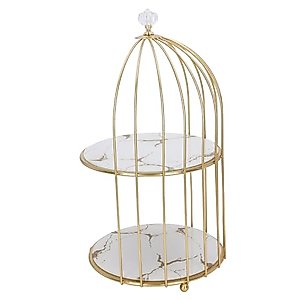 Syrisora Double Layer Storage Shelf Bird Cage Organizer Display Rack for Bathroom Countertop Dressing Table Gold Frame (White Base Gold Pattern)
