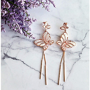 Rose Gold Butterfly Light Pink Enameled with Mother of Pearl Dangle Tassel Long Earrings Pierced