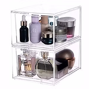 2 Pack Clear Makeup Organizer for Vanity Stackable Acrylic Cosmetic Display Case For Bathroom Under Cabinet Organizers And Storage Drawer For Make up Nail Polish Medicine Craft Organizing