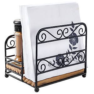 MyGift Black Metal and Burnt Wood Napkin Holder and Salt and Pepper Holder Caddy, Table Spice Jars and Condiment Napkin Rack with Vintage Scrollwork Design