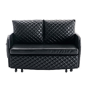 Lin-Utrend 46" Convertible Sleeper Sofa Bed, Modern Loveseat Couch with Pull Out Bed, Small Love Seat Futon Sofa Bed with Headboard, 2 Pillows Side Pockets for Living Room Apartment (Black)