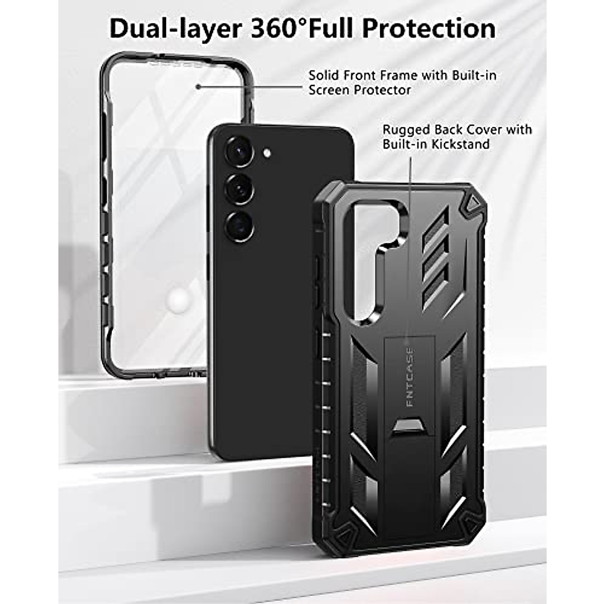 FNTCASE for Samsung Galaxy-S23 Protective Case: Dual-Layer Rugged Shockproof Cell Phone Cover with Built-in Screen Protector & Kickstand|Military Drop Proof Full Protection Bumper Cases 6.1'' Black