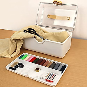 OSteed Craft Storage Organizer, Plastic Sewing Box Portable with Handle, Knob & Grid Tray for Art & Sewing Supply, Cosmetic and Medicine, Pink