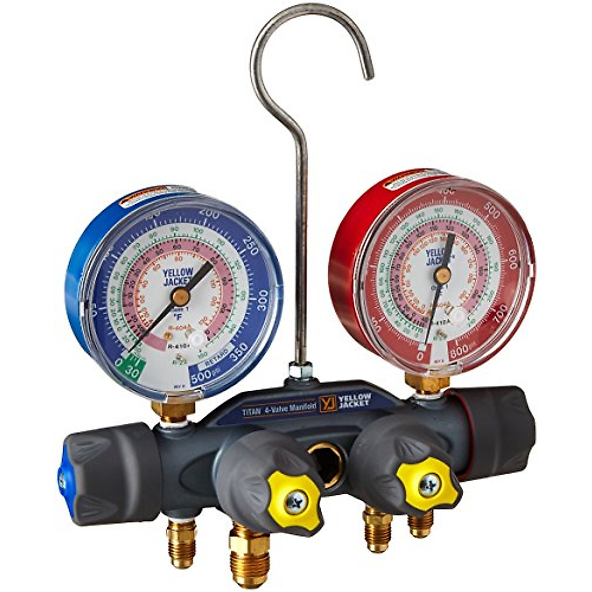 Yellow Jacket 49963 Manifold Only Degrees F, psi Scale, R-22/404A/410A Refrigerant, Red/Blue Gauges