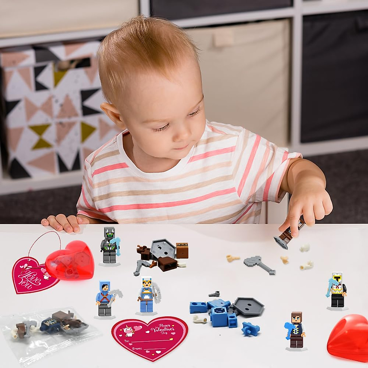 WODMAZ Valentines Day Gifts for Kids, 24 Pack Valentines Day Cards with Building Blocks PreFilled Hearts Box for for Boys Girls School Classroom Gift Exchange, Valentines Party Favors