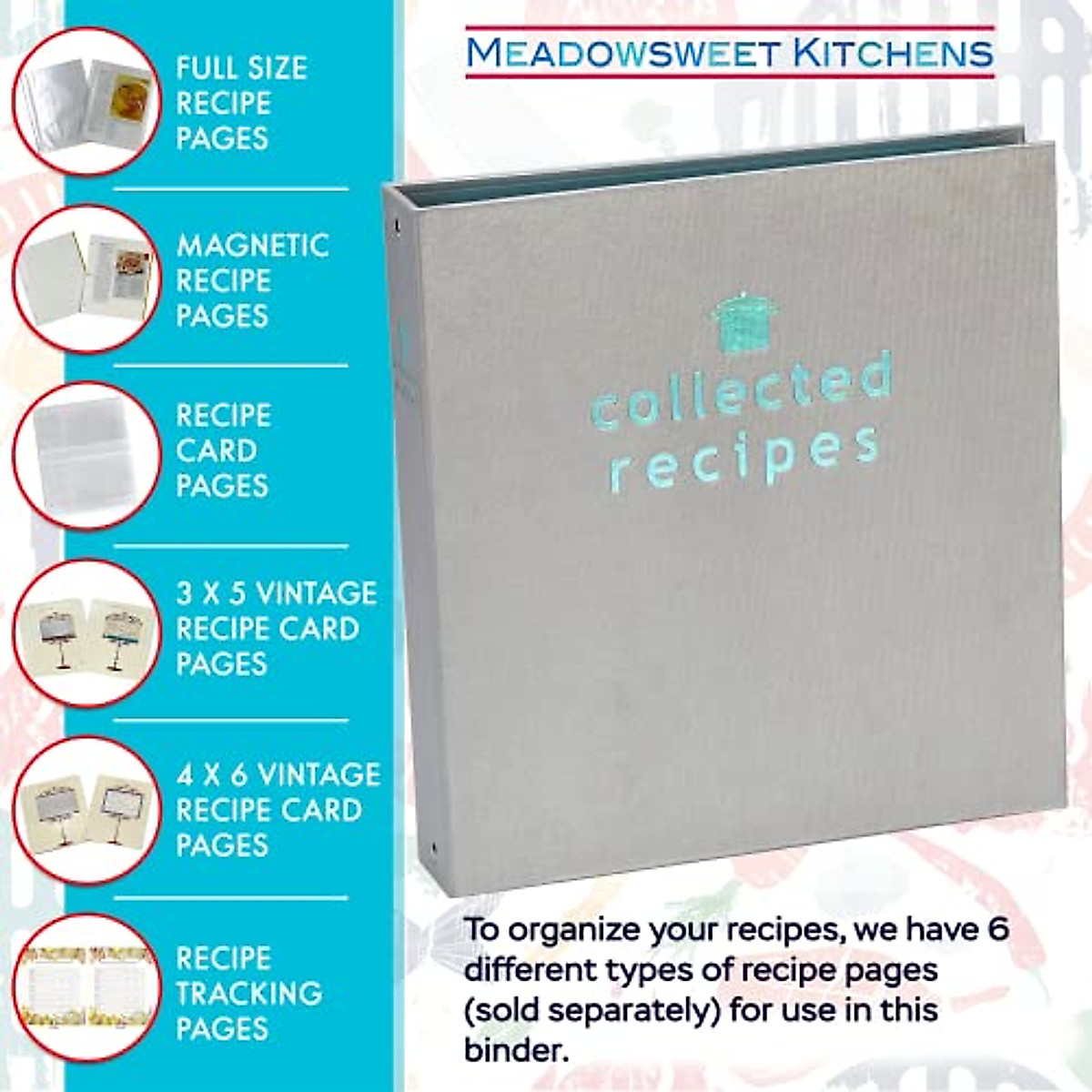 Meadowsweet Kitchens Recipe Binder with Dividers and Labels - Recipe Book Binder, for Recipe Cards, Full Size Recipes/Clippings, Recipe Organizer Book, Make Your Own Cookbook - Turquoise & Gray