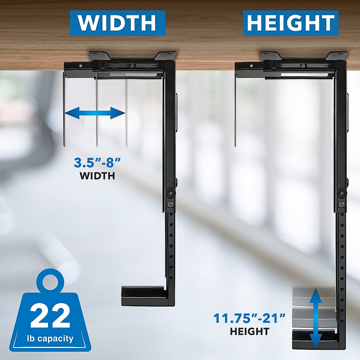 CPU Under Desk Mount Bracket - Computer Tower Wall and Under Counter Holder, 360 Degree Swivel Adjustable Height and Width Wall-Mountable