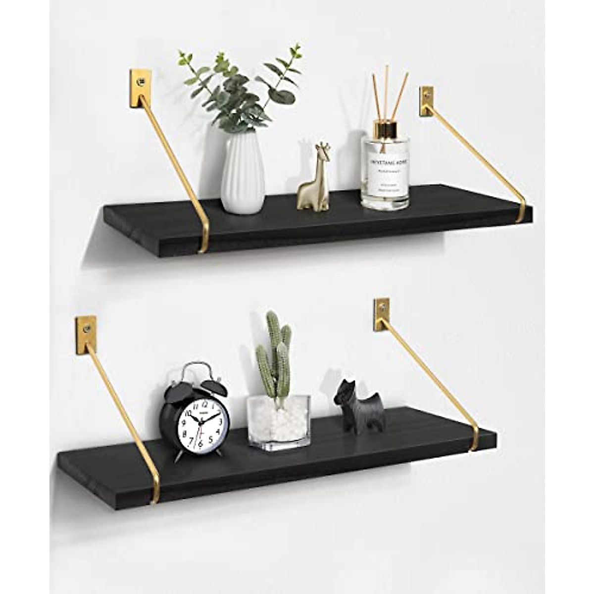 Gronda Black Floating Shelves Set of 2, Black Gold Wall Shelves Minimalist Modern Wall Decor Wooden Bookshelves Trophy Display Storage Plants Floating Shelves Wall Mount Living Room Bedroom Bathroom