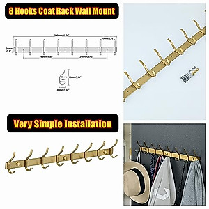 Alise Coat Rack Wall Mount,Coat Hanger Rail with 8 Double Coat Hooks for Hanging Coats Bathroom,SUS304 Stainless Steel Towel Hanger Hook Racks for Purse Clothes Entryway Jacket Hats,Gold Finish