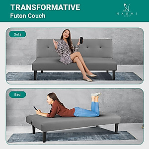 Naomi Home Gray Faux Leather Futon Sofa Bed, Modern Convertible Sofa with Wooden Legs, Reclining Small Couch Bed, Durable and Sturdy, 66'D x 32'W x 31'H